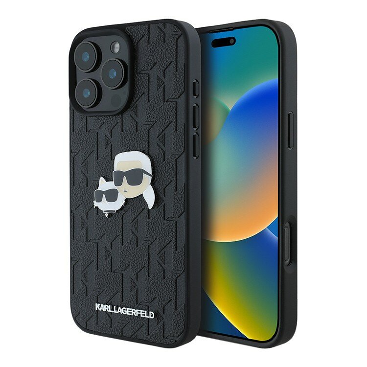 Karl Lagerfeld чехол для iPhone 16 Pro, PU-кожа зернистая Monogram NFT Karl&Choupette metal черный