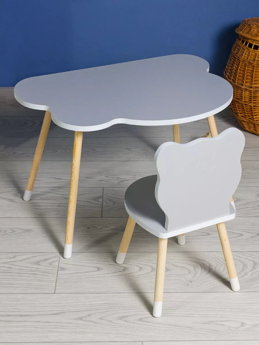 Детский стол облачко и стул мишка, серый комплект детской мебели RuLes