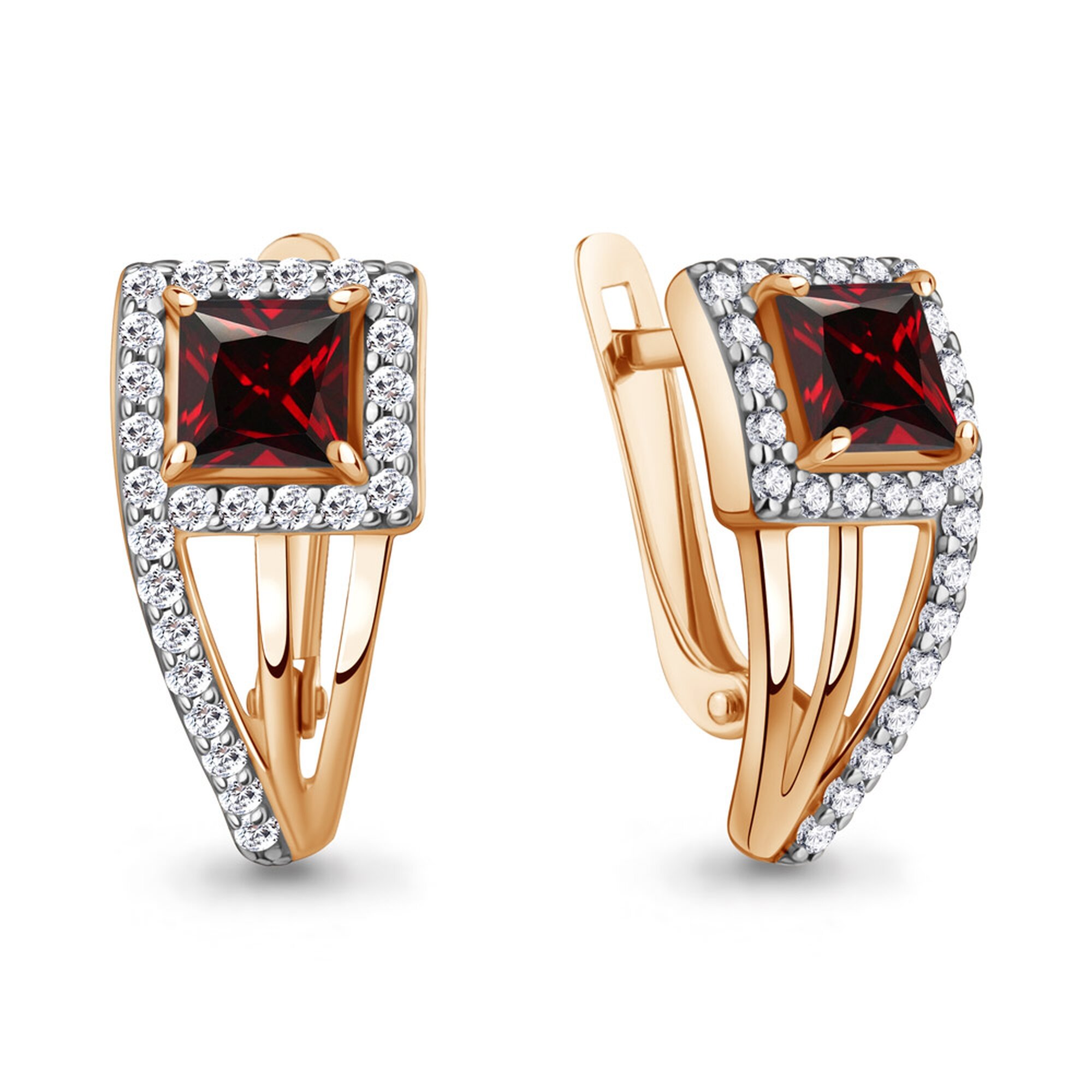 Серьги, серебро, 925 проба, золочение, фианит, гранат