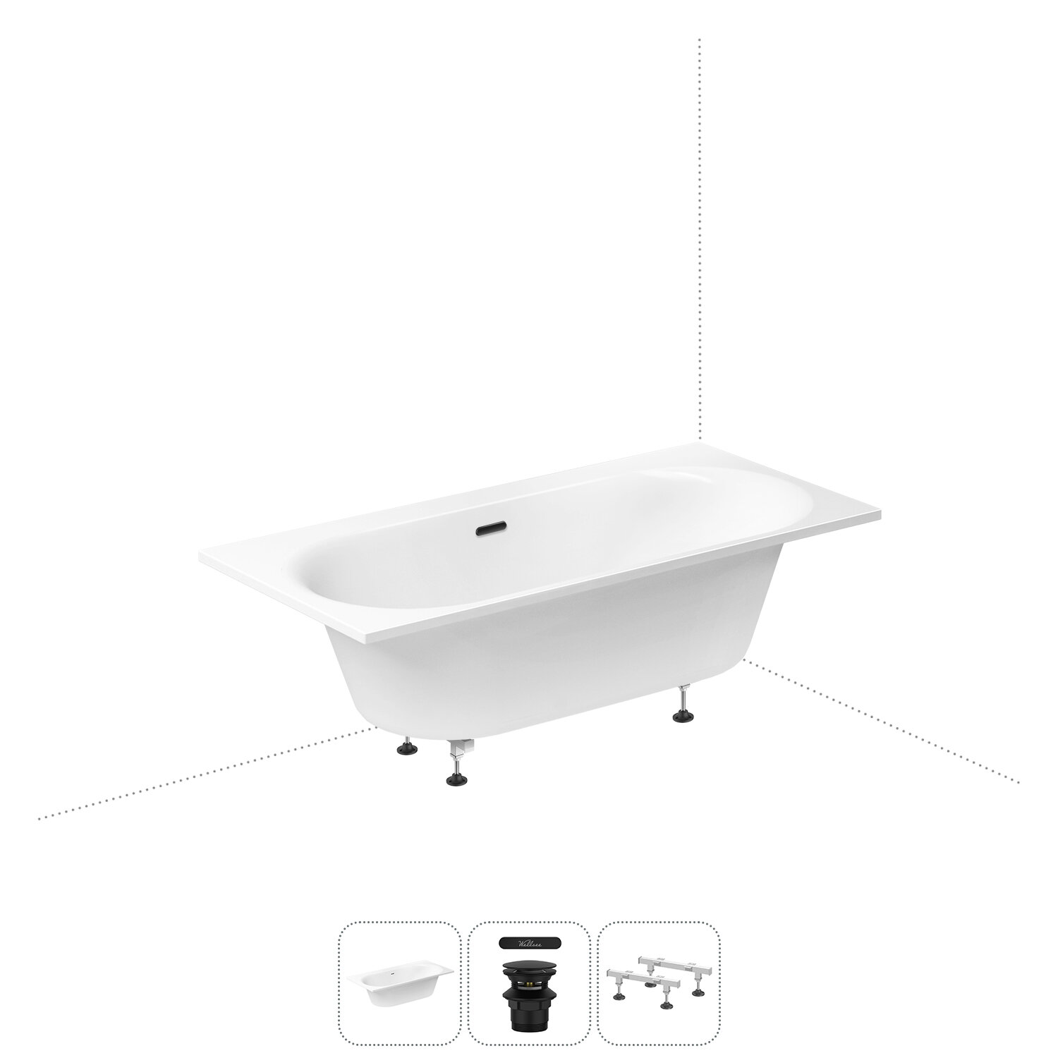 Акриловая ванна 180х90 Wellsee Dream For More 20216815R в наборе 3 в 1: ванна акриловая 180 х 90 см в цвете белый глянец, слив-перелив матовый черный, ножки