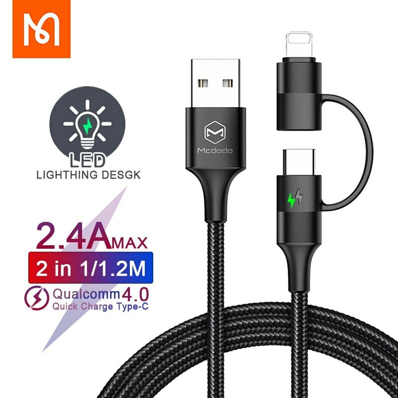 MCDODO 2 в 1 USB Type-C + Lightning кабель для быстрой зарядки для iPhone 12 11 Pro XS MAX XR X 8 Samsung Huawei Mobile