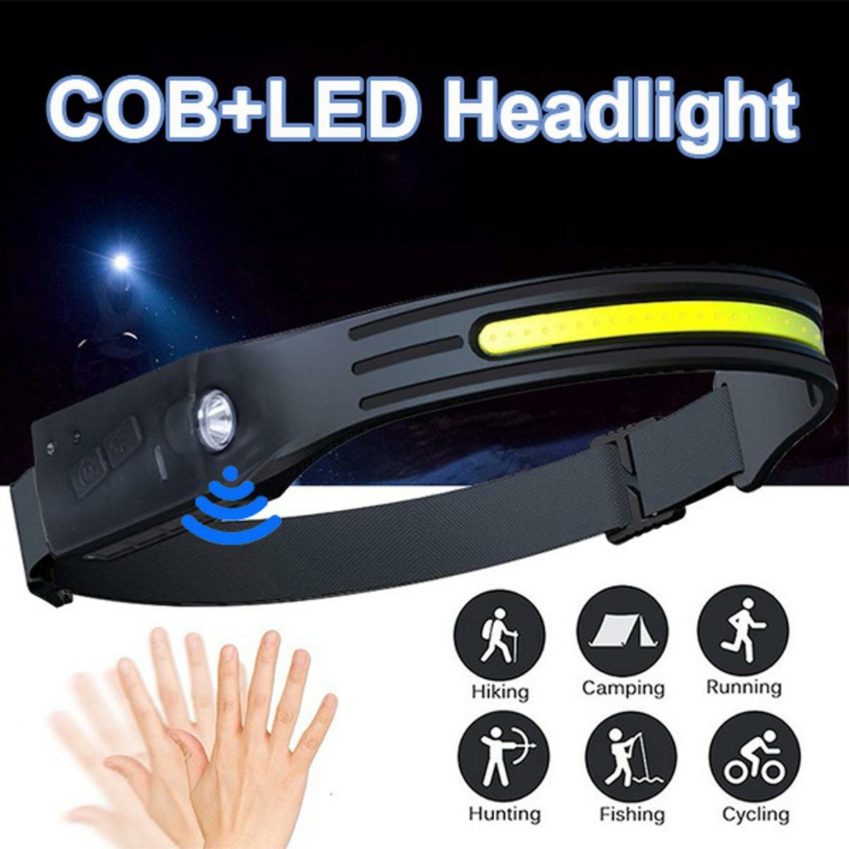 COB LED Headlamp Sensor Headlight со встроенным аккумулятором Фонарик USB перезаряжаемый Head Lamp Work Light