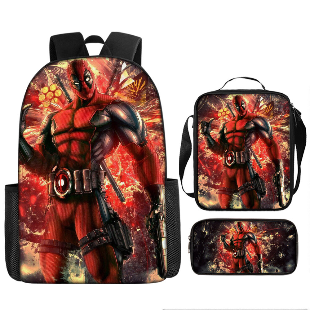 Новый трансграничный рюкзак Дэдпул с героями мультфильмов, большой вместительный рюкзак, сумка на плечо, чехол для ручек, комплект из трех предметов, дропшиппинг