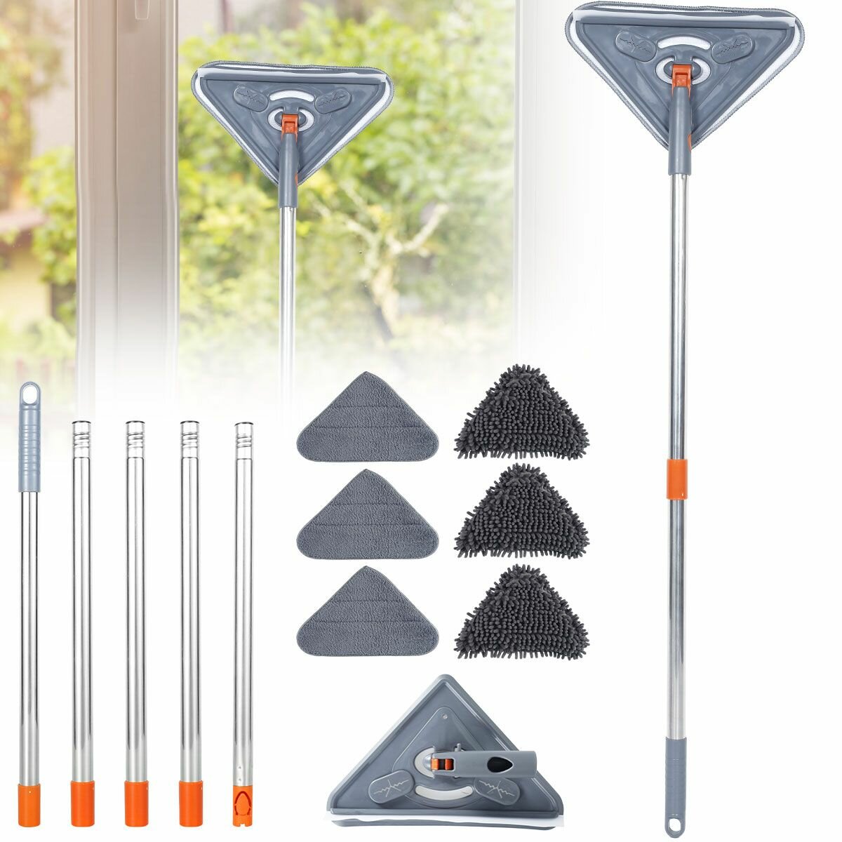 Универсальная удлиненная треугольная швабра для удаления пыли из нержавеющей стали + полипропилена + микрофибры (щетка для мытья окон, пола, потолка)