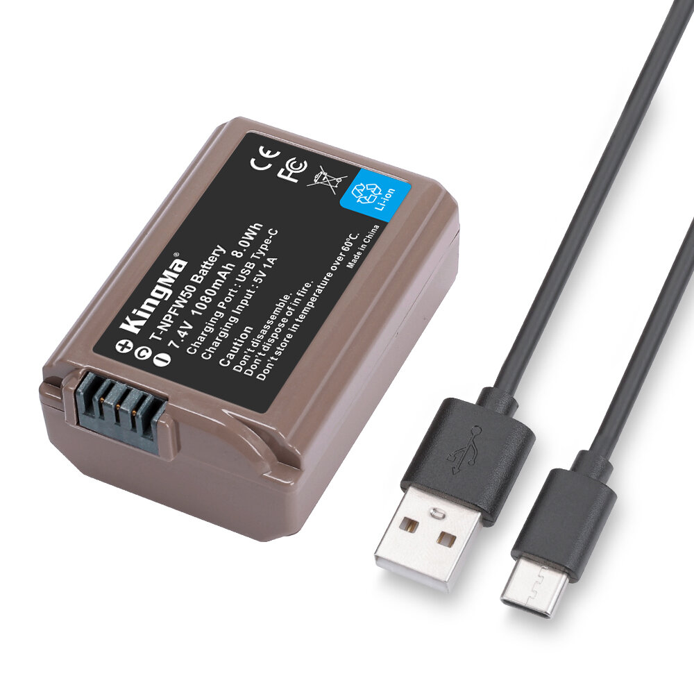 Аккумулятор Kingma NP-FW50 Type-C (1080mAh) с защитным кейсом для Sony ZV-E10; a6500; a7; a7R; a7S; DSC-RX10 и др.