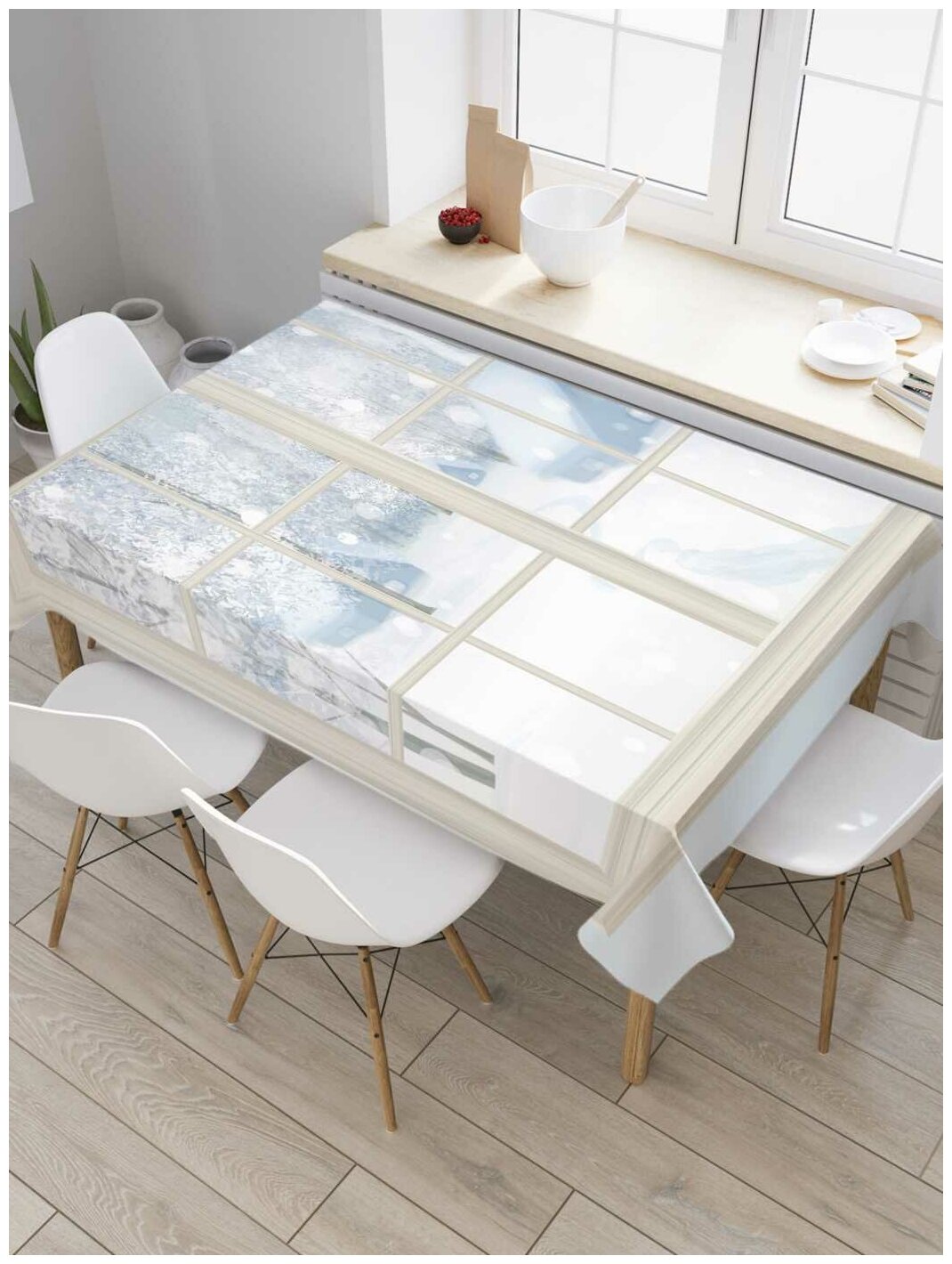 Прямоугольная водоотталкивающая скатерть на стол "Снег за окном" 120х145, JoyArty