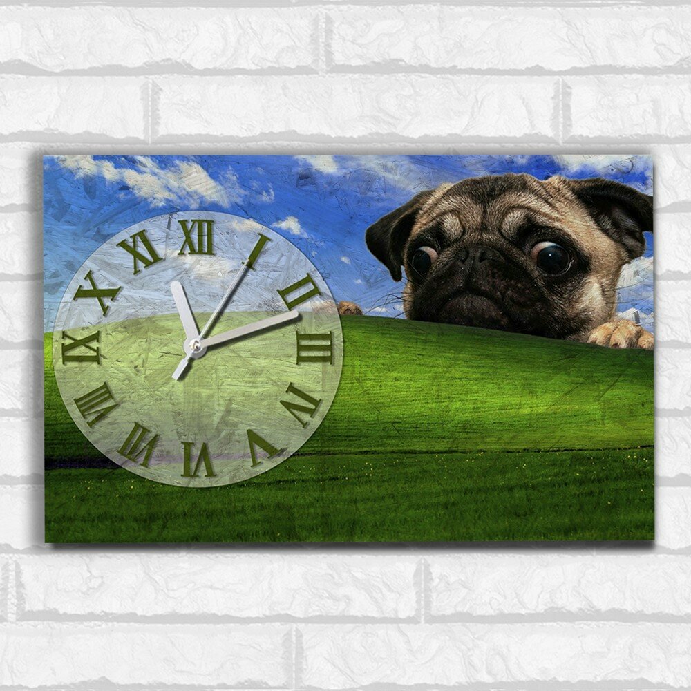 Настенные бесшумные часы ОСБ со смещенным циферблатом Животные Щенок ( Собака, цветы, Мопс, милота, Подарок для мамы, бабушки сестры, подруге) - 2579