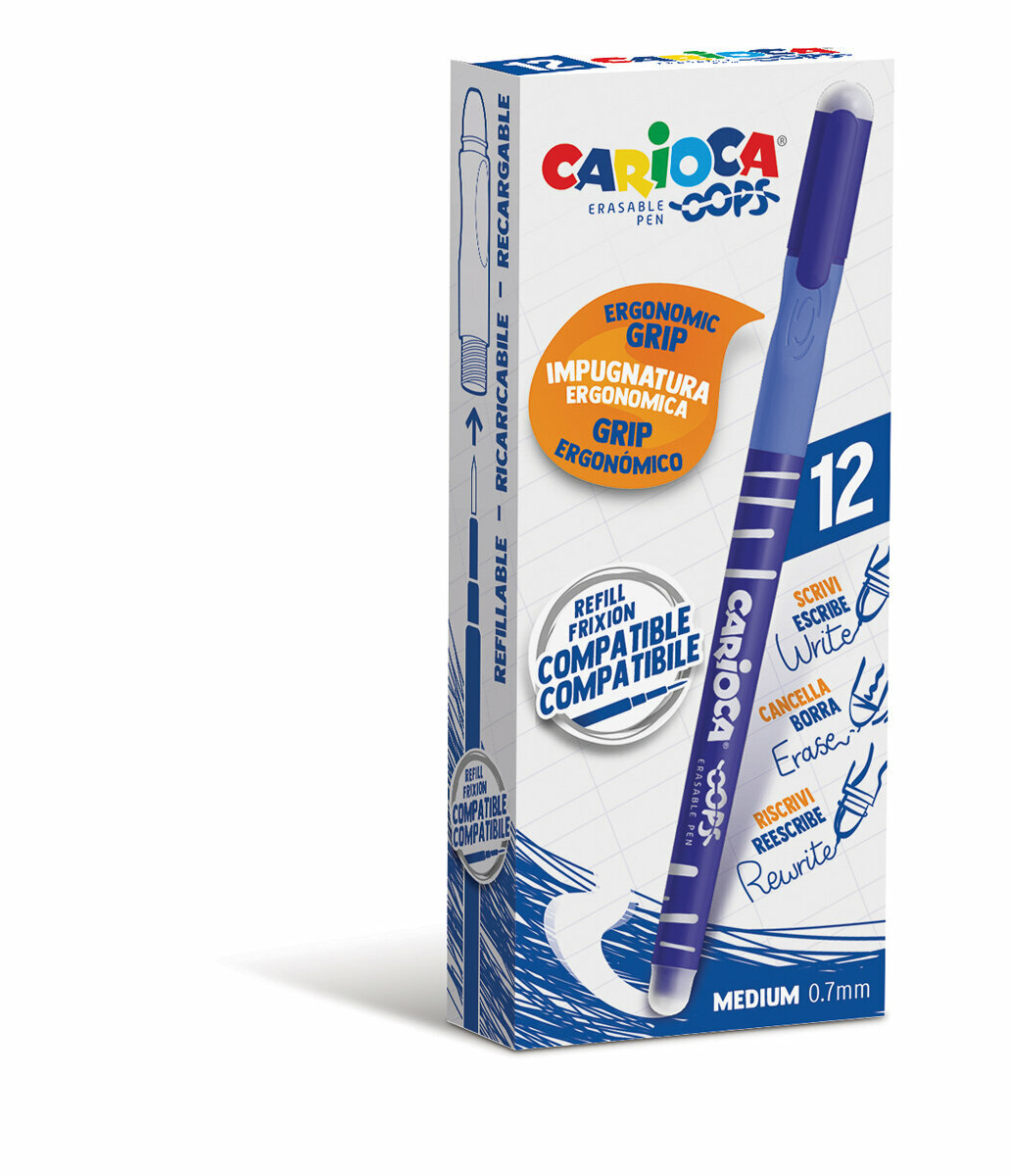 Ручка стираемая гелевая 12 шт. "Carioca" "OOPS" d 0.7 мм 0.7 мм 43039/02 цвет чернил: синий