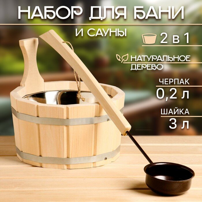 Набор для бани и сауны, 2 предмета: шайка, 3 л, черпак, 200 мл, «Добропаровъ»