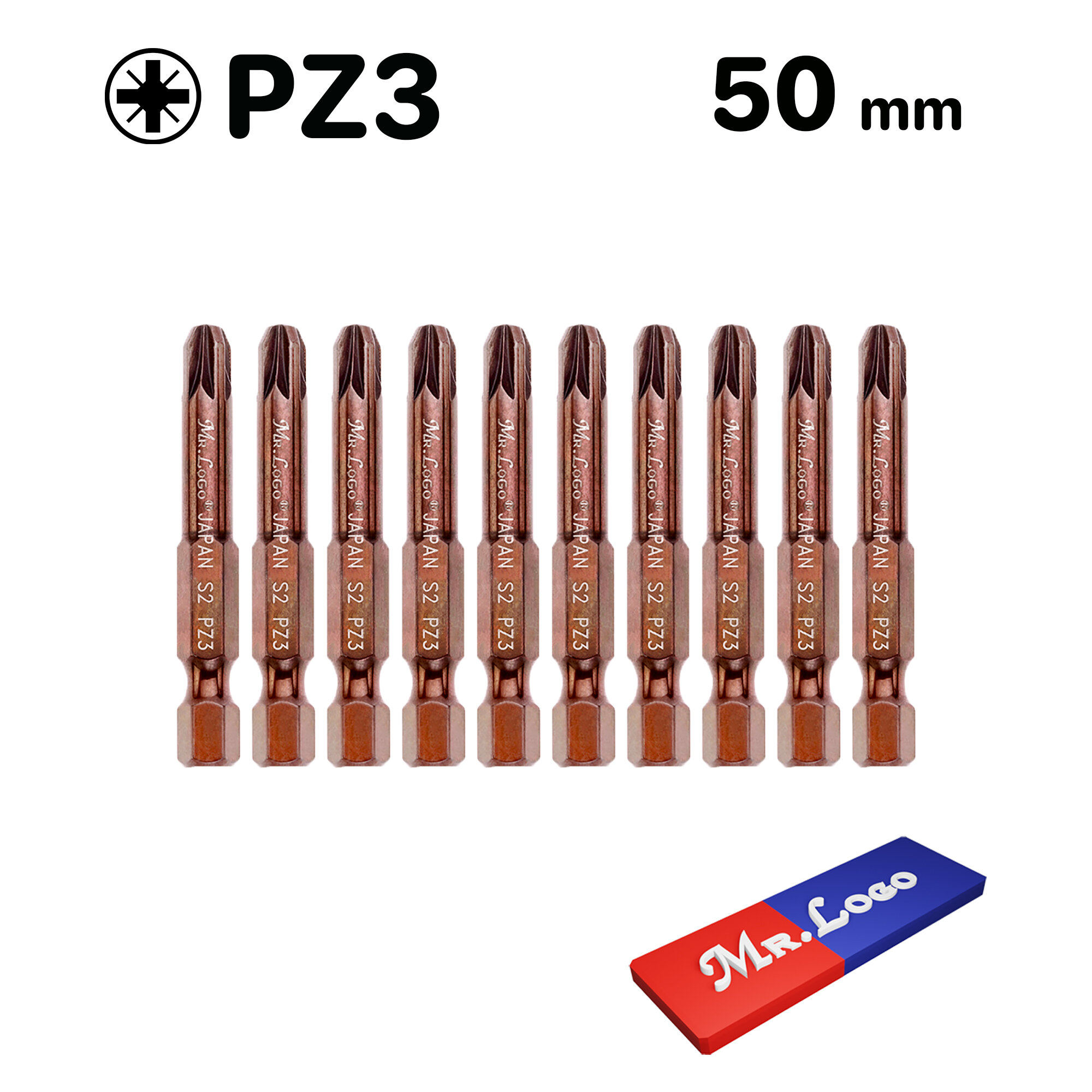 Биты для шуруповерта магнитные PZ3 x 50 мм Mr.Logo Сталь - Japan S2, 10 шт