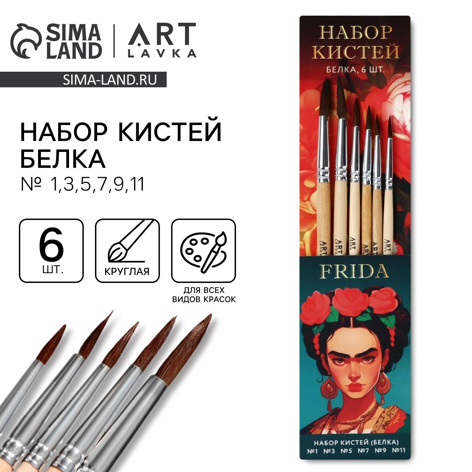 Кисть для рисования набор 6 шт. белка № 1,3,5,7,9,11 «Фрида», 10269237