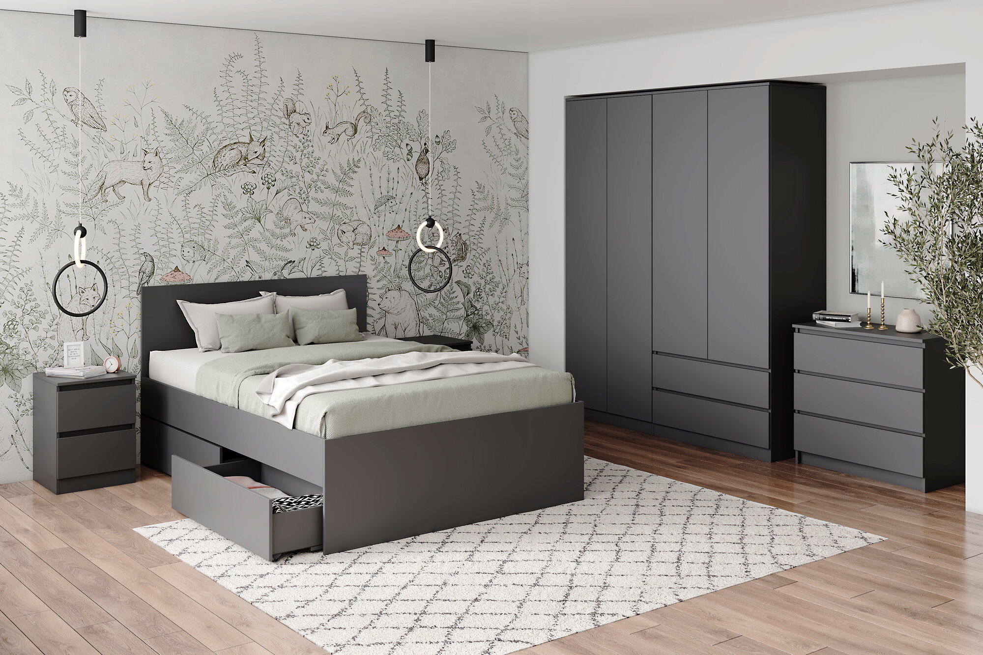 Кровать двуспальная 140х200 см с ящиками МС Мори крмя 1400.1/1 (МП) Графит