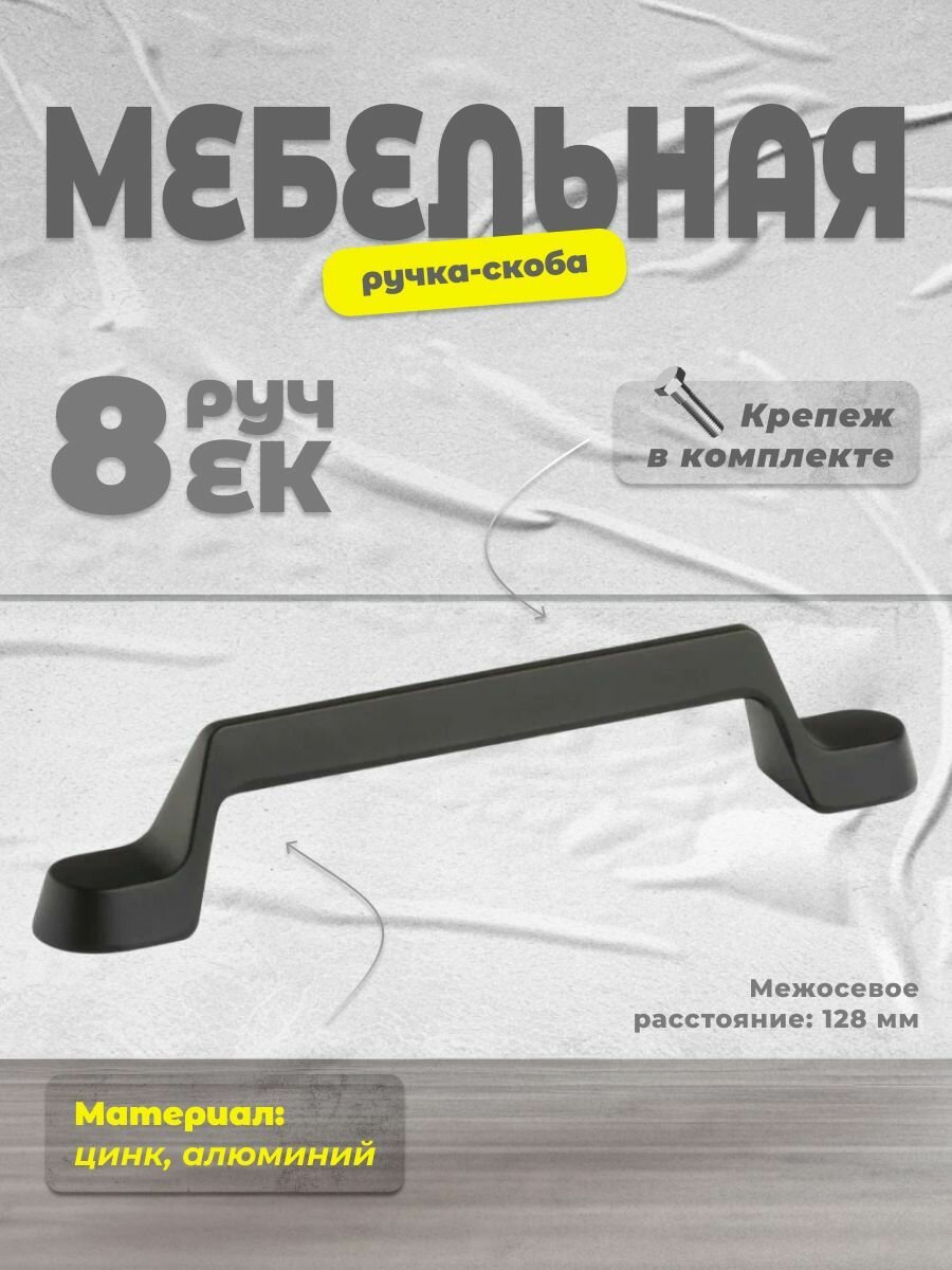 Ручка-скоба Inred IN.01.4193.128. MBL матовый чёрный, комплект 8 шт, ручка для шкафов, комодов, для кухонного гарнитура, для мебели