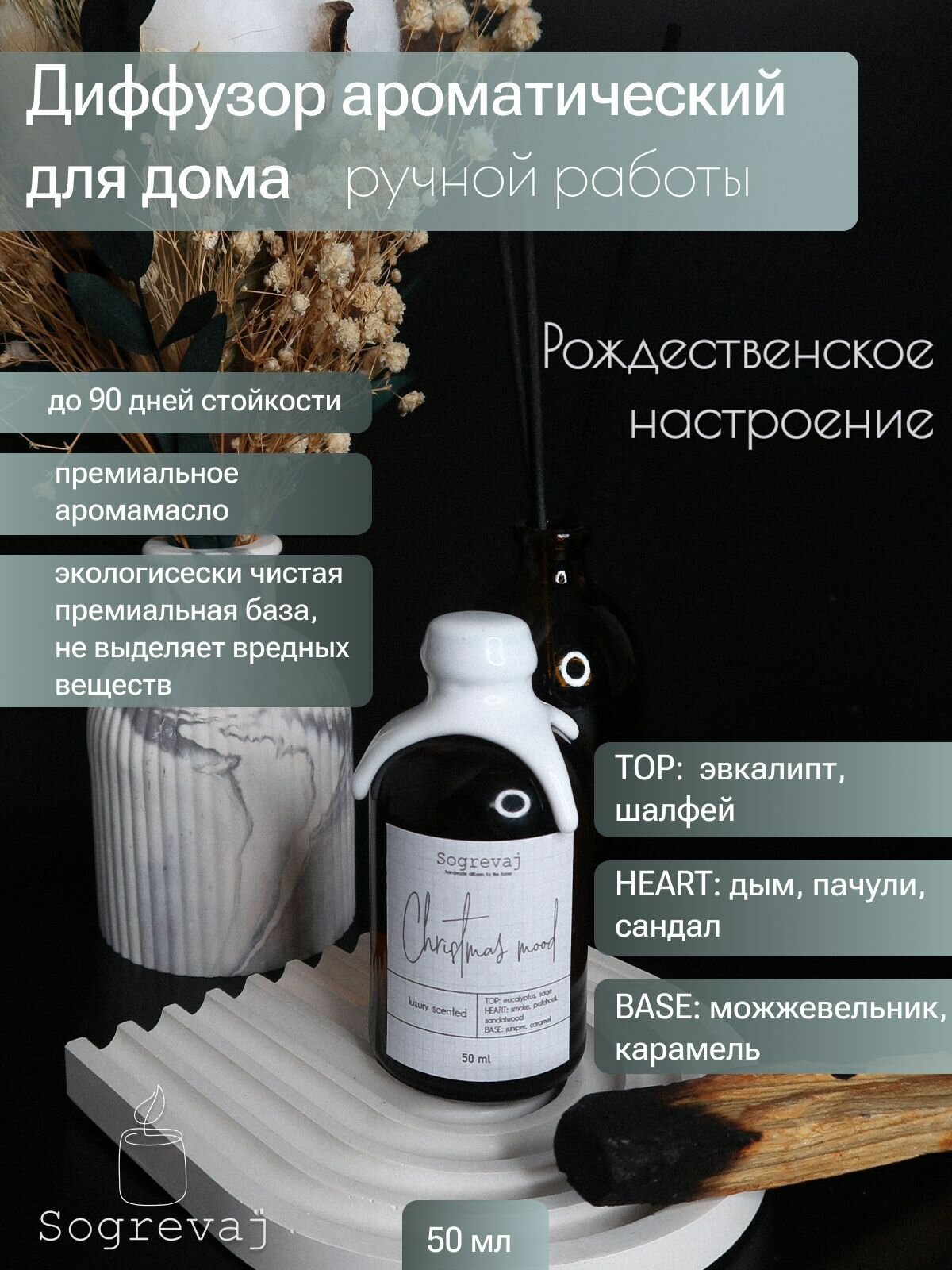 Ароматический диффузор для дома, парфюм с палочками с ароматом "Рождественское настроение", 50 мл