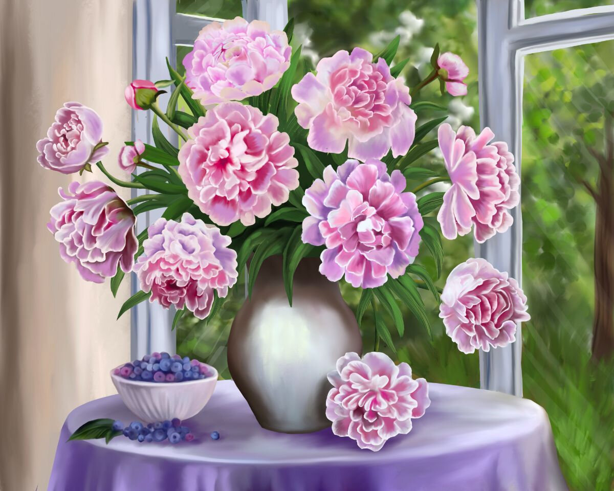 Картина по номерам пионы в вазе 40х50