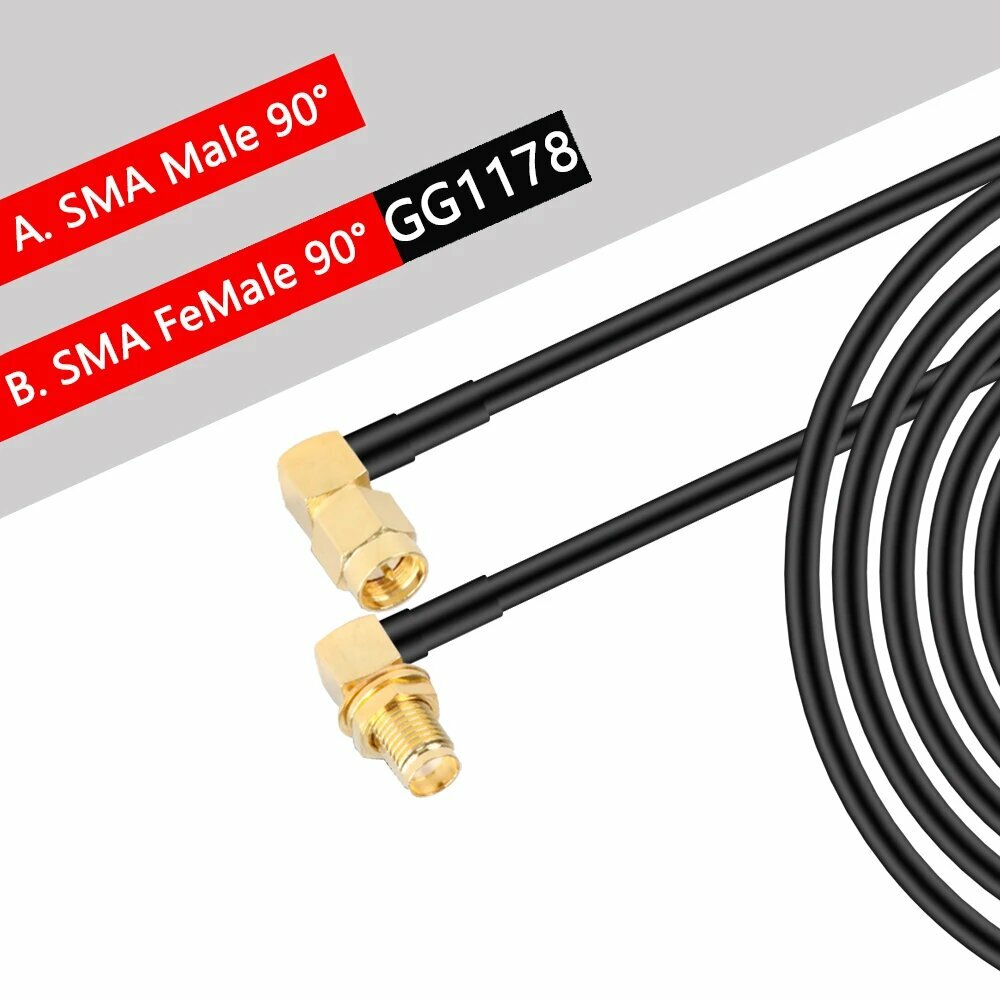 Коаксиальный кабель RG58 SMA-SMA 50 Ом 20CM, SMA M90 to SMA F90
