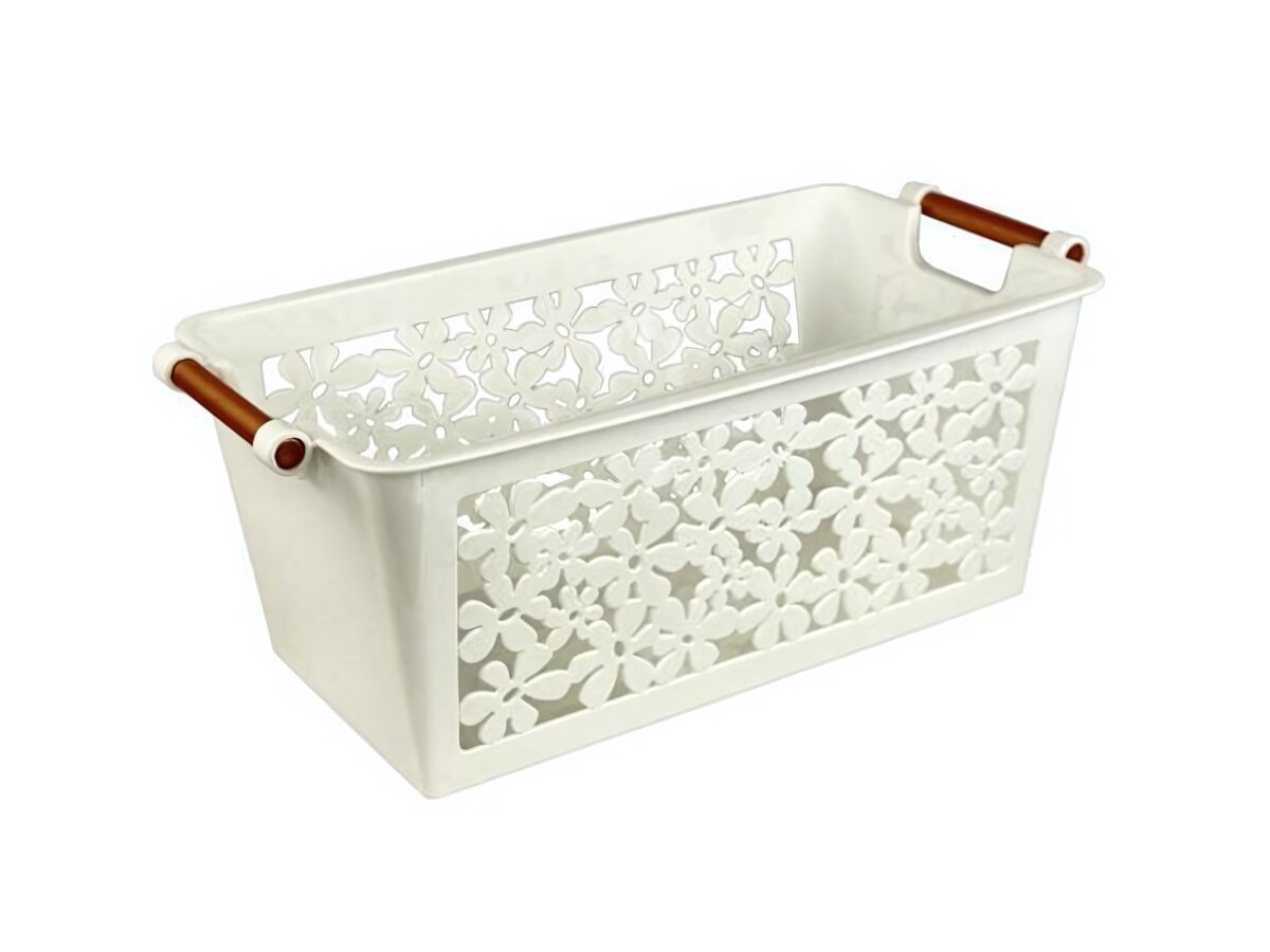 Корзина для хранения «Романтика» 23х12х9 см, белая, пластик, цветочный узор, деревянные ручки