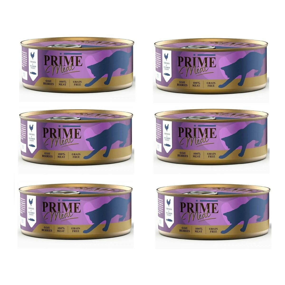 PRIME MEAT Консервы Курица со скумбрией филе в желе для кошек 100г (6шт)