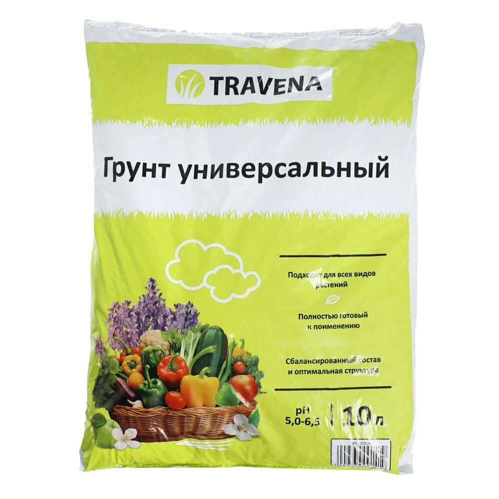 Грунт универсальный TRAVENA с биогумусом, на основе верхового торфа, pH 5,0-6,5, объем 10 л