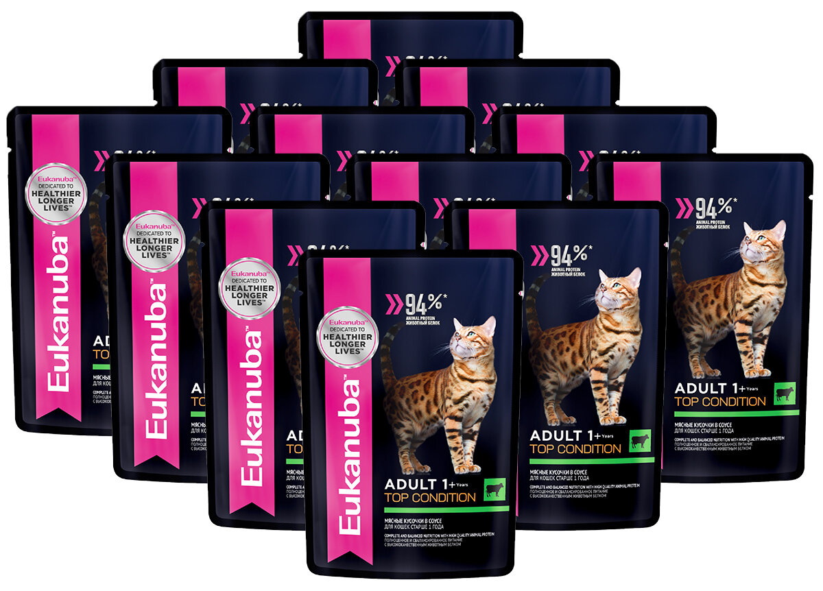 Влажный корм Eukanuba Cat Adult для взрослых кошек с говядиной в соусе пауч, 85 г 12 шт