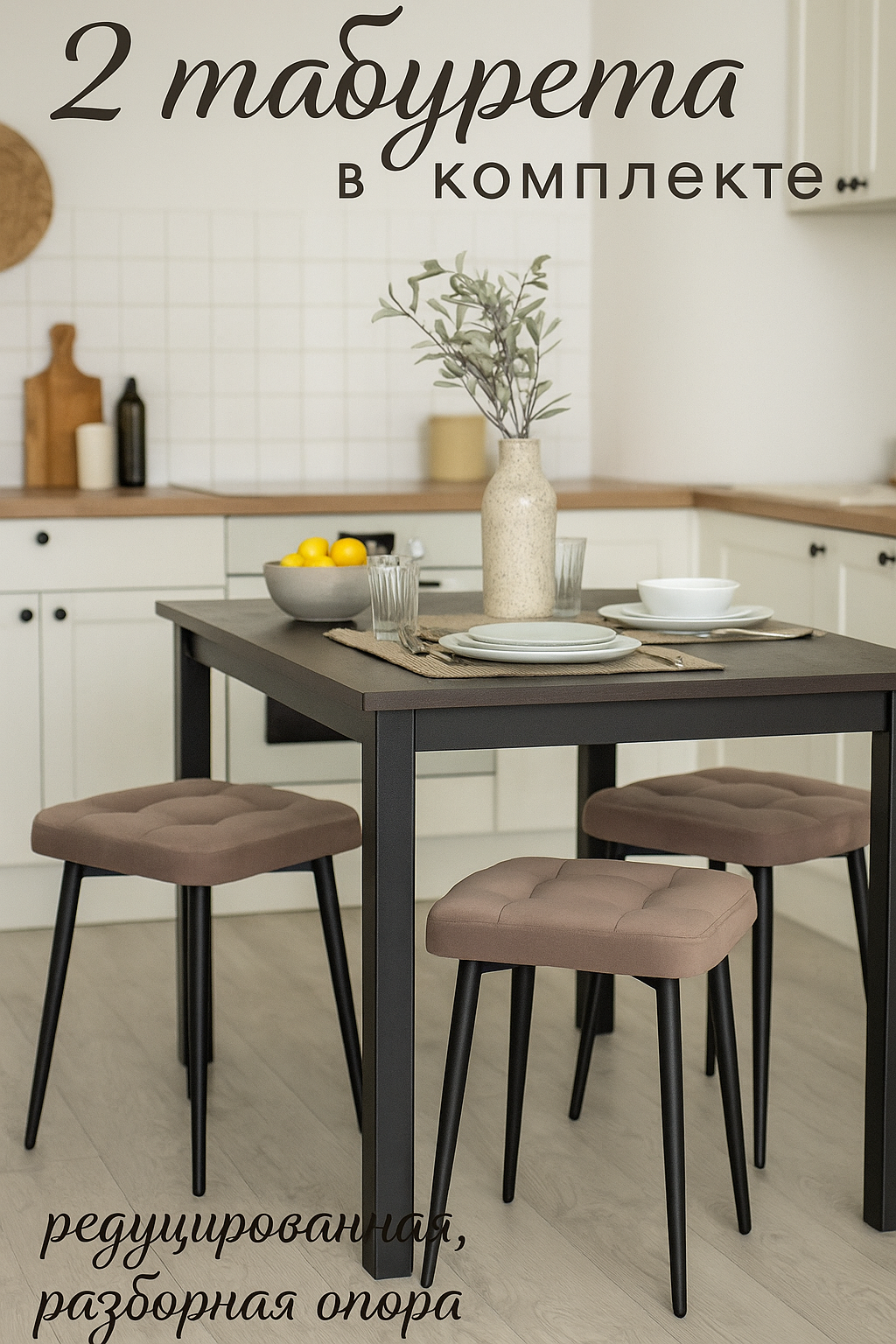 Табуреты Harmony Style для кухни, обивка мягкий велюр, антивандальные, разборные, квадратные, 2 шт