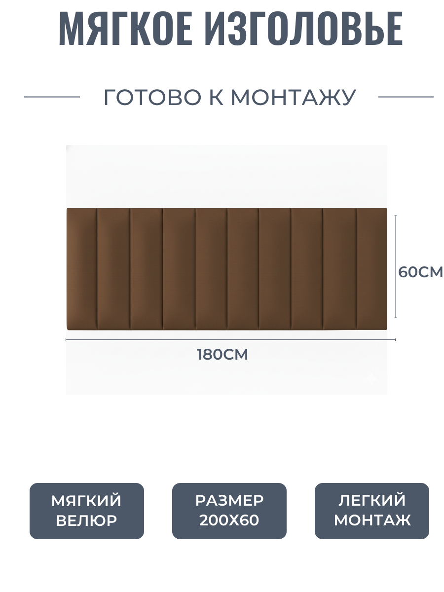 Спинка для кровати мягкая, изголовье 180 на 60 сантиметров, коричневый велюр, рисунок 10 вертикальных полос
