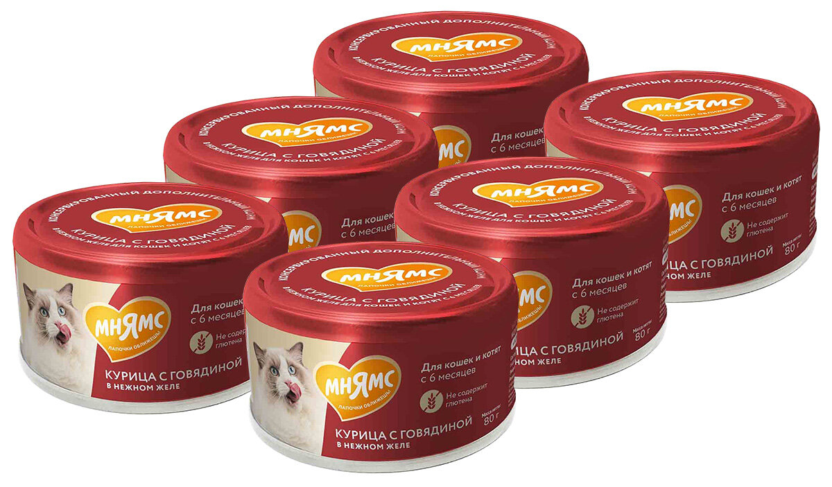 Корм влажный Мнямс для кошек и котят, курица и говядина, 80 г х 6 шт