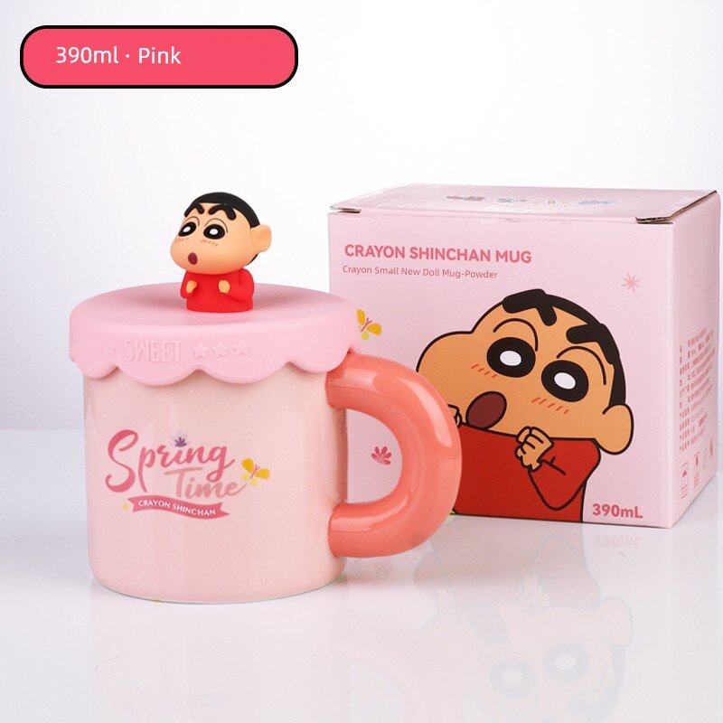 Керамический стакан Crayon Shin-chan с крышкой, вместимость 390 мл, пастельно-розовый для подарков девушкам и