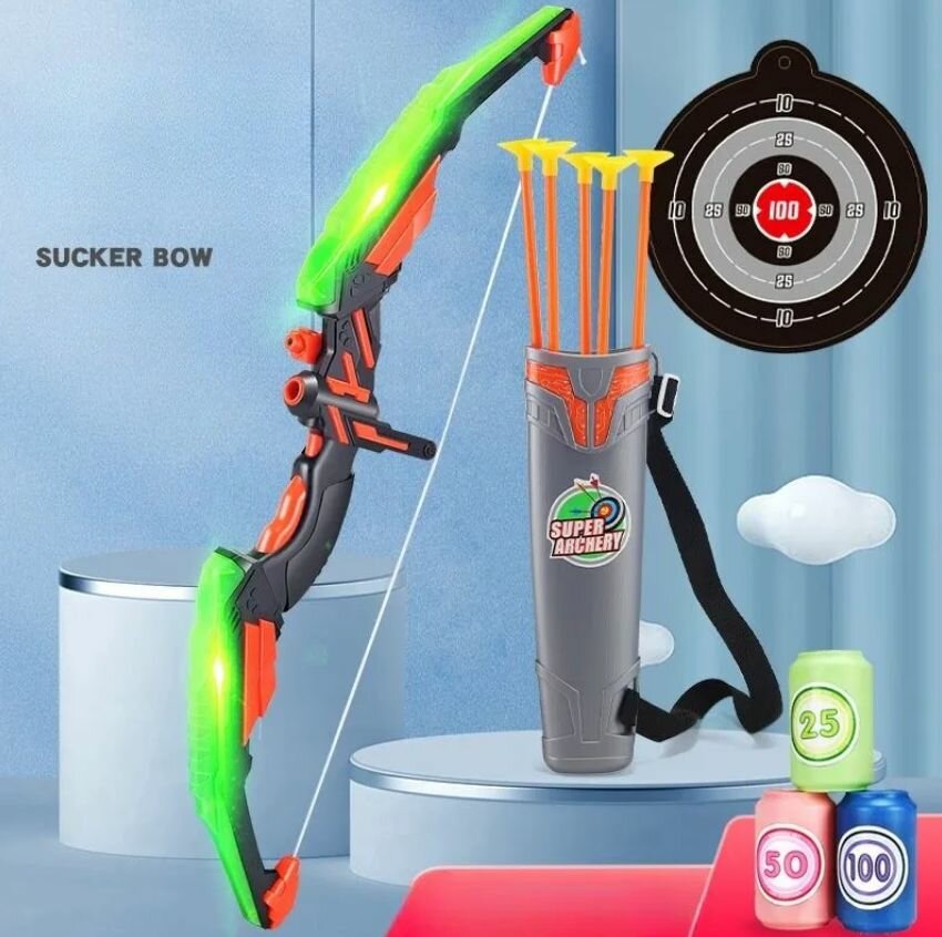 Детский лук со стрелами 8 шт, колчаном, мишенью +3 баночки мишень. Лук с подсветкой.