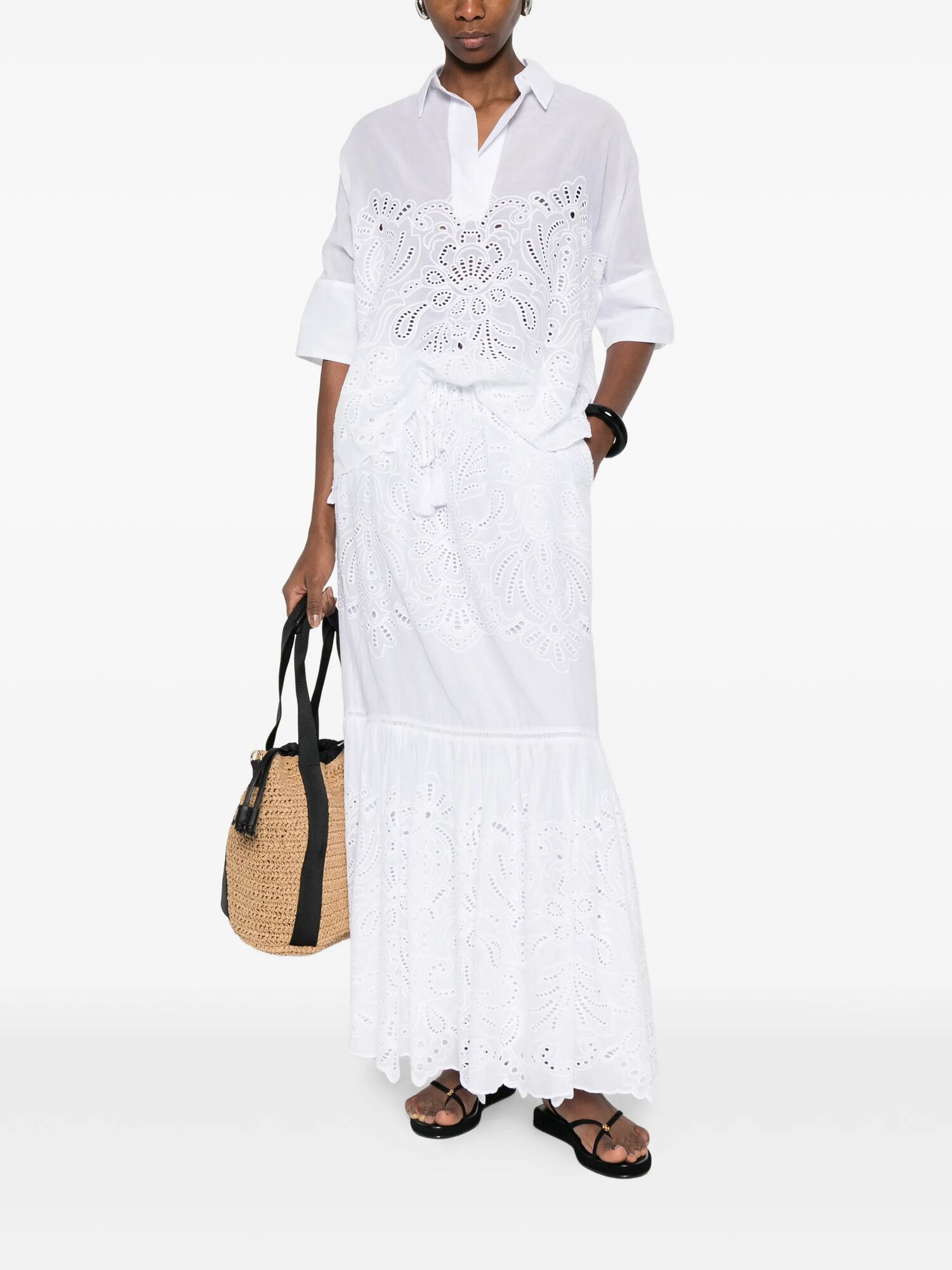 Юбка Ermanno Firenze Drawstring eyelet skirt, размер 38, бежевый/белый — фото 1