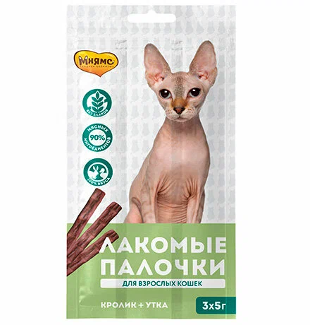 Мнямс Лакомство для кошек Лакомые палочки 13,5 см Утка и Кролик ,1 упаковка