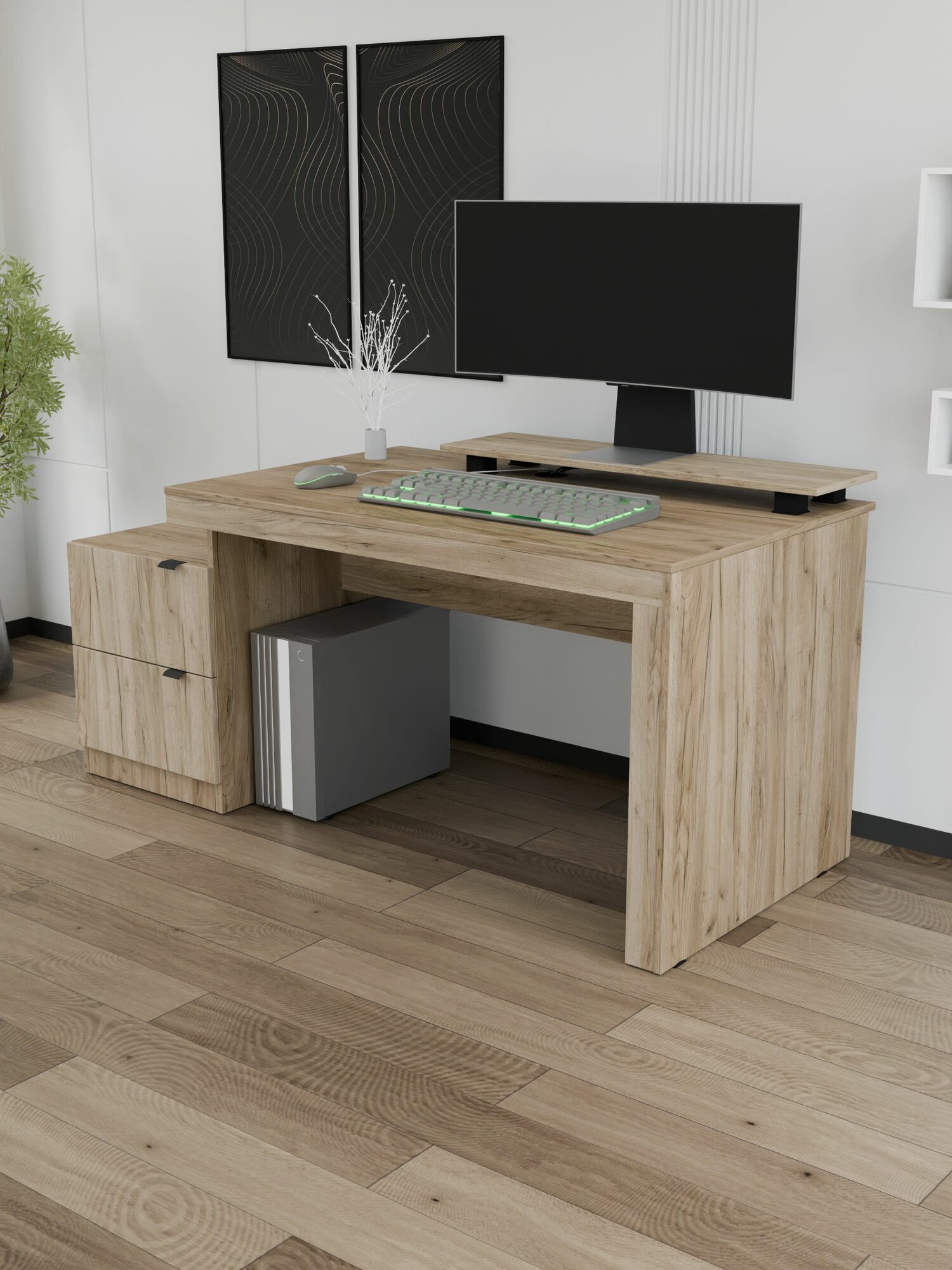 Изумлит Стол компьютерный для офиса и дома Вертикаль Компакт Лайт 165х73х74.5 см, тумба слева, дуб крафт серый