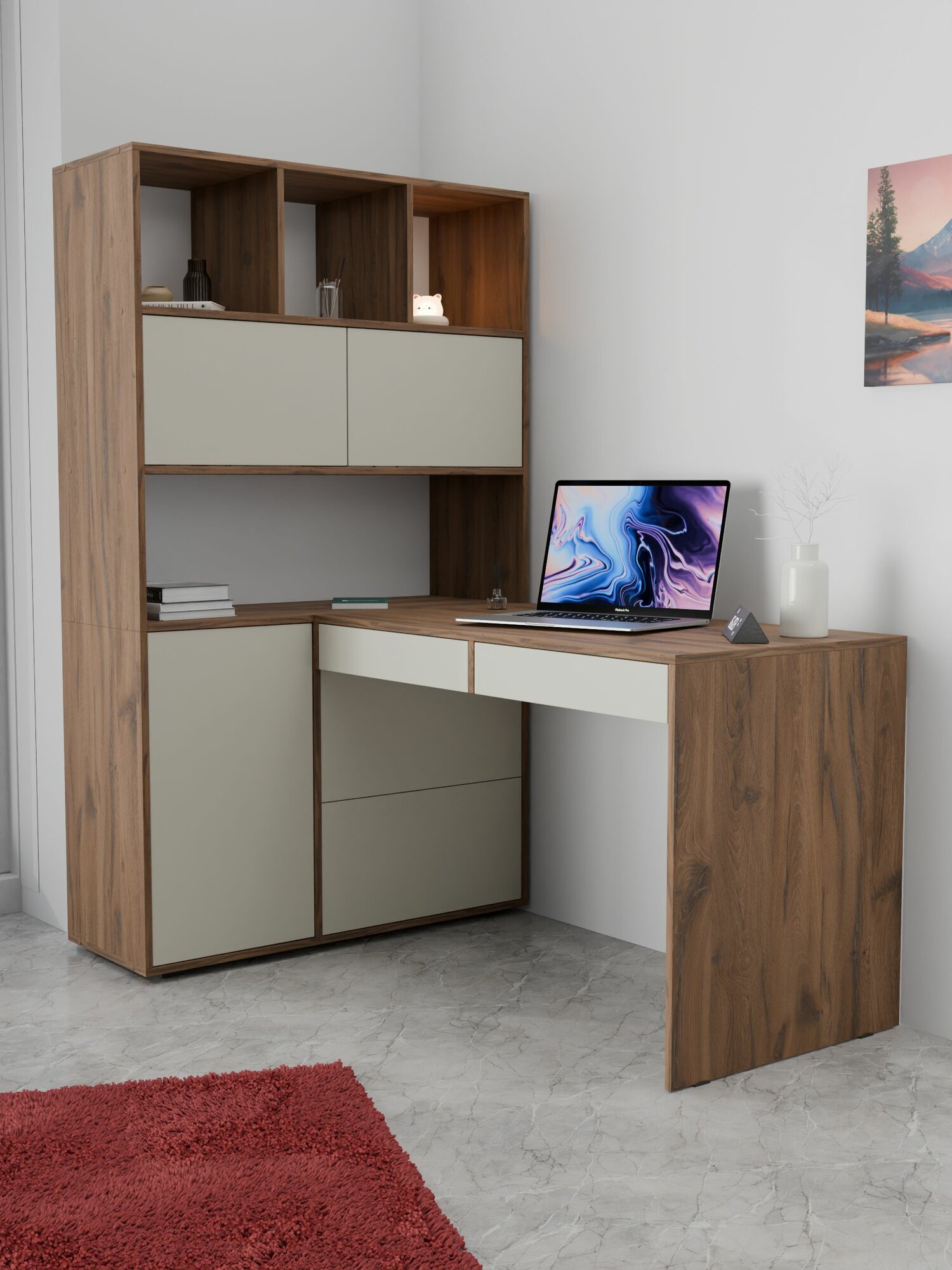 Изумлит Стол-шкаф письменный угловой для учебы и работы, шкаф слева 168х100х147.6 см, дуб крафт табачный-бежевый