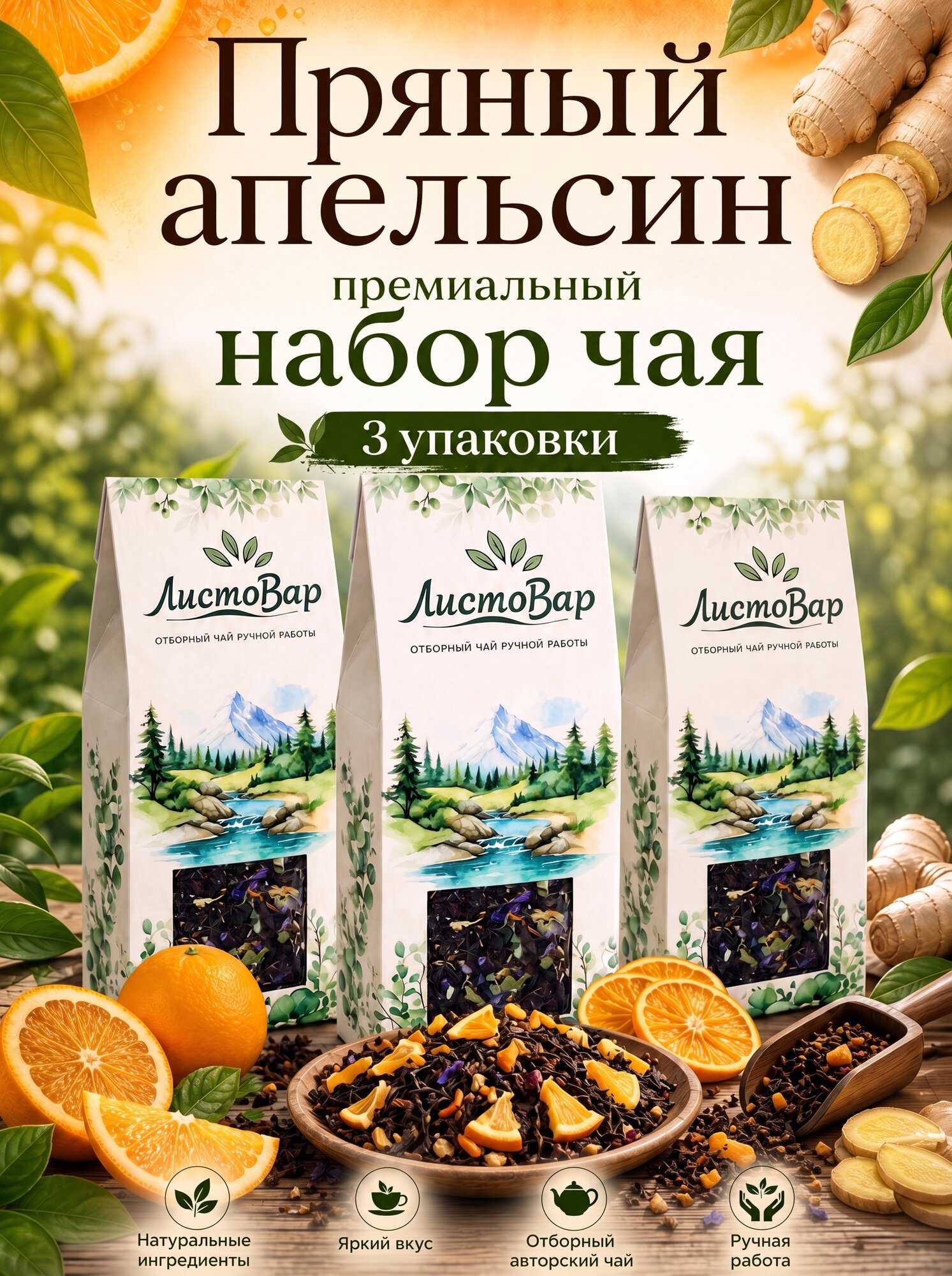 Набор чая. Чай черный листовой Пряный апельсин, 3 упаковки 150 г.