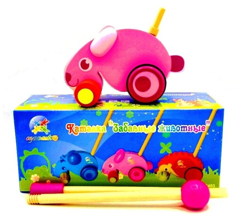Детская деревянная игрушка. Детская каталка на палочке "Забавные животные" для малышей