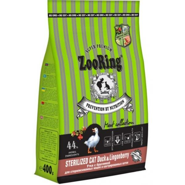 ZooRing Корм сухой для стерилизованных кошек Sterilized Cat Duck Lingonberry Утка с брусникой, 0,4кг