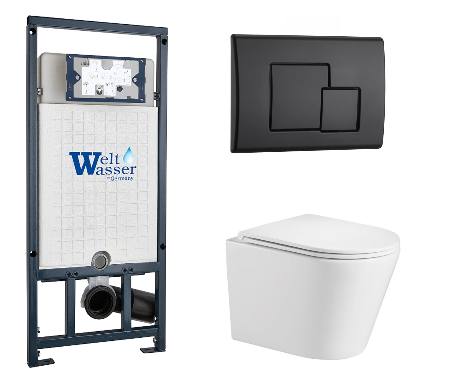 Комплект 3 в 1 инсталляция WeltWasser WW Marberg 507 + Подвесной унитаз WeltWasser Salzbach 043 GL-WT с кнопкой черной SE 10000005949 + 10000008257 + 10000010239