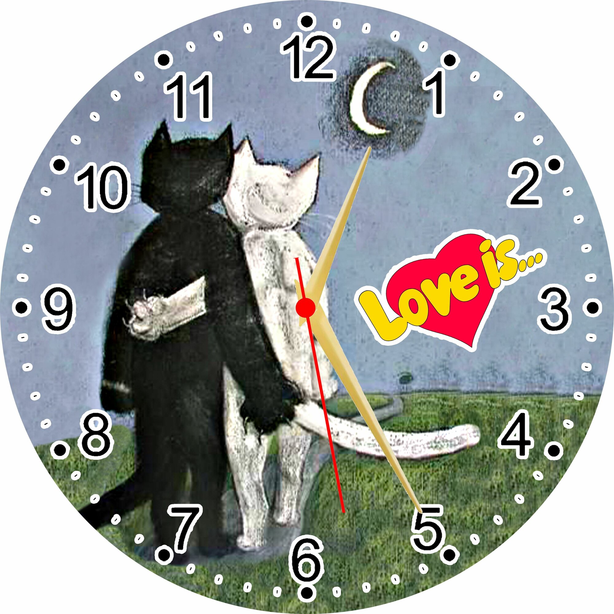 Часы из древесины прессованной (МДФ) D - 27 см, толщина 5 мм, с подставкой на стол в комплекте/Молодежные / Для влюбленных/Коты/Кошки/Любовь это/ Оберег любви и семьи/ Авторские, Уникальные, Стильные, Модные/ Поднимающие настроение/Бесшумные/Прикольные