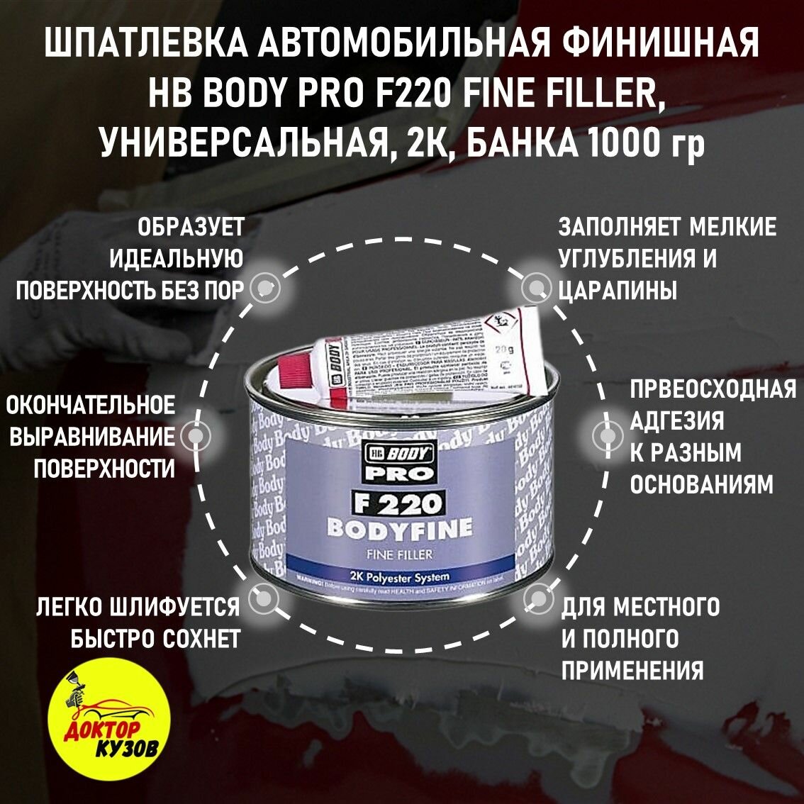 Шпатлевка финишная автомобильная HB BODY PRO F220 Fine Filler + отвердитель, объем 1 кг / Автошпатлевка финишная