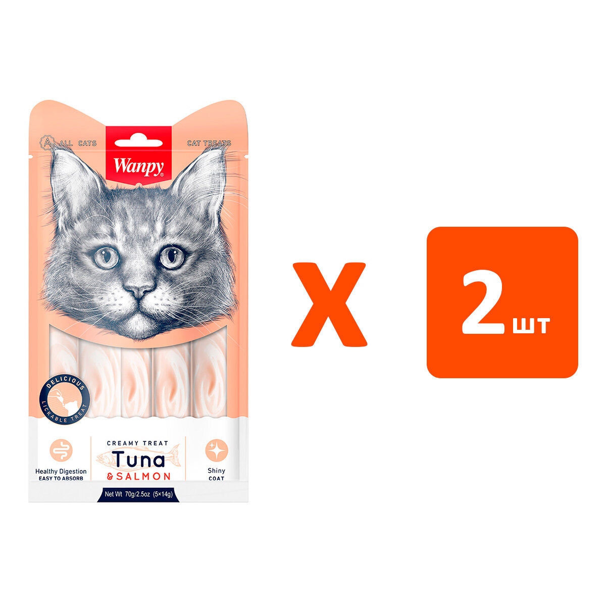Лакомство WANPY CAT для кошек нежное пюре с тунцом и лососем (70 гр х 2 шт)
