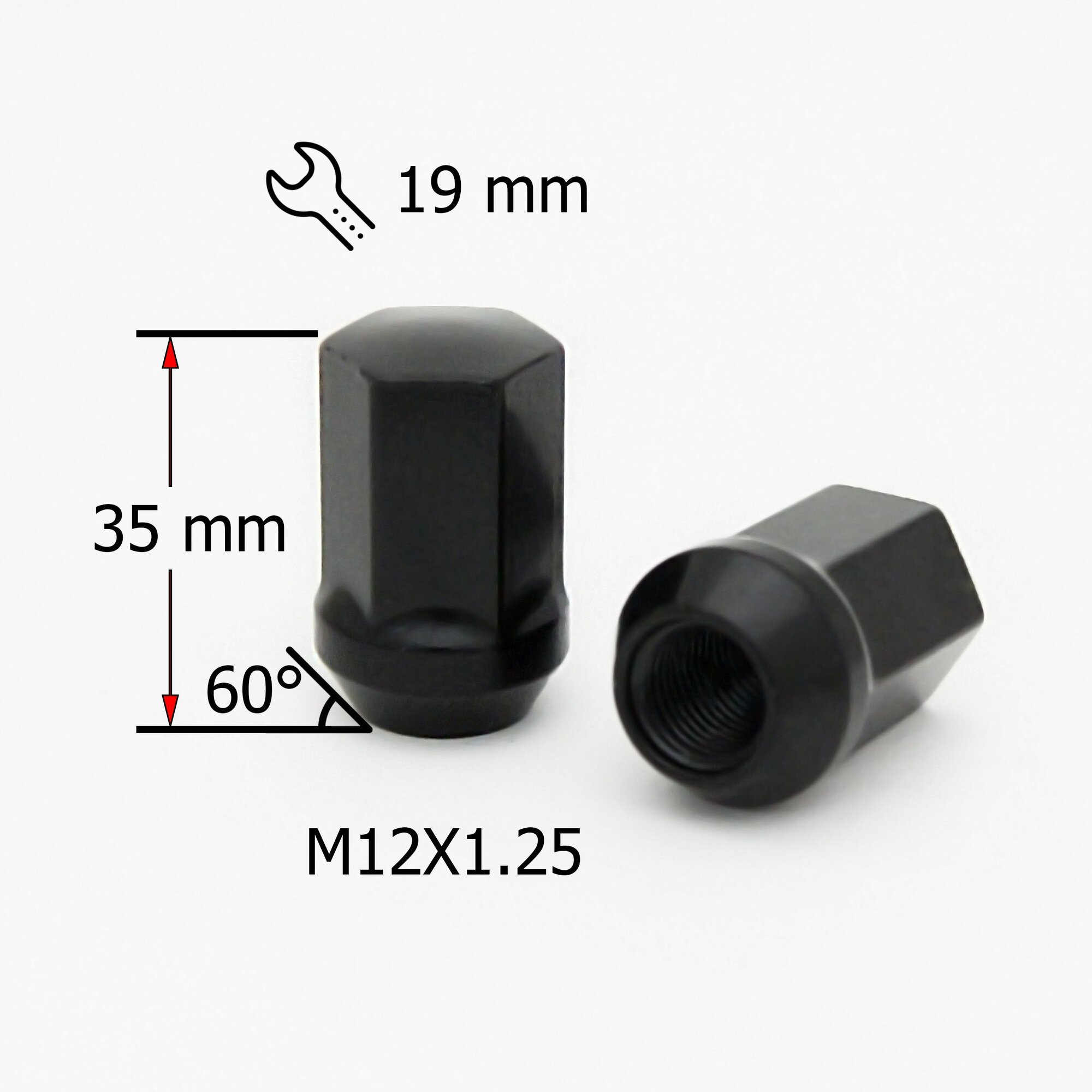 Гайка колесная M12х1,25 высота 35мм, Конус, закрытая, цельная, ключ 19мм, Черная