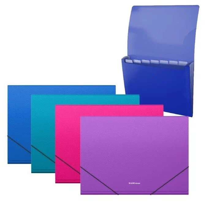 Папка-картотека на резинке A4, 12 отделов ErichKrause. Diagonal Vivid, пластиковая, фиолетовая