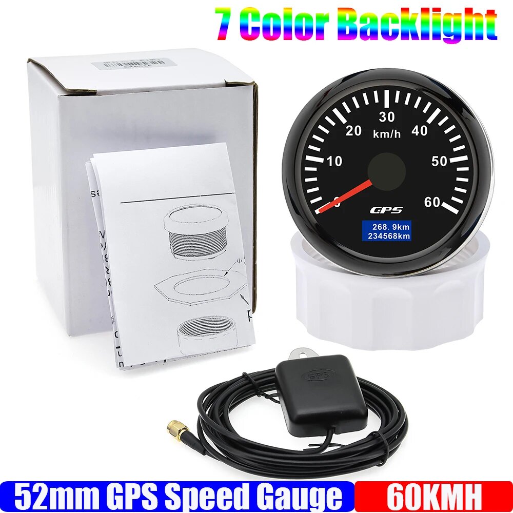 30-120KMH 52 мм GPS-спидометр с антенной 60KMH Измеритель скорости 7-цветная подсветка Одометр для автомобиля, морской лодки, 12V24V Custom 60KMH BN