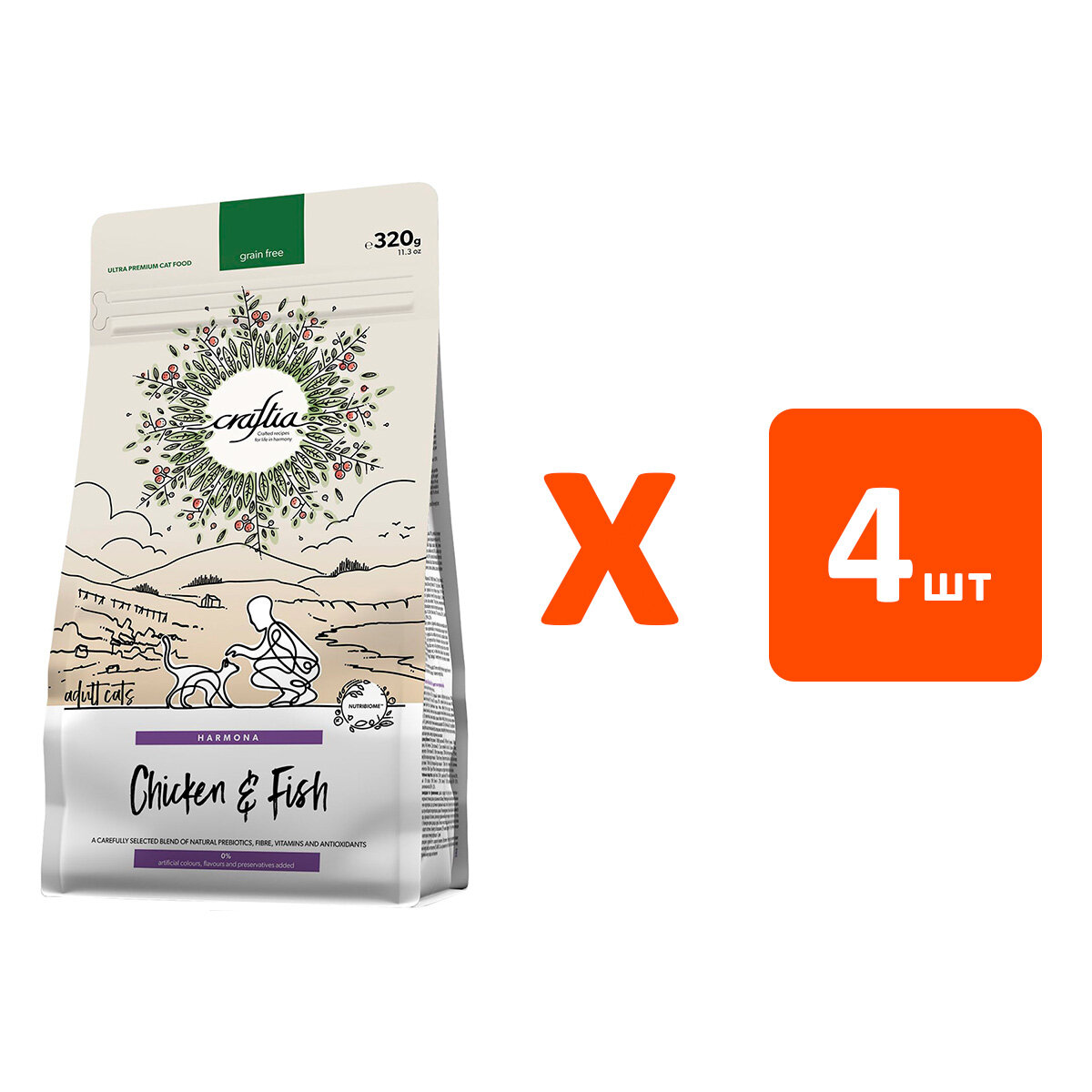 CRAFTIA HARMONA GRAIN FREE ADULT CAT CHICKEN & FISH беззерн для взрослых кошек c курицей и рыбойNEW 0,32 кг х 4 шт