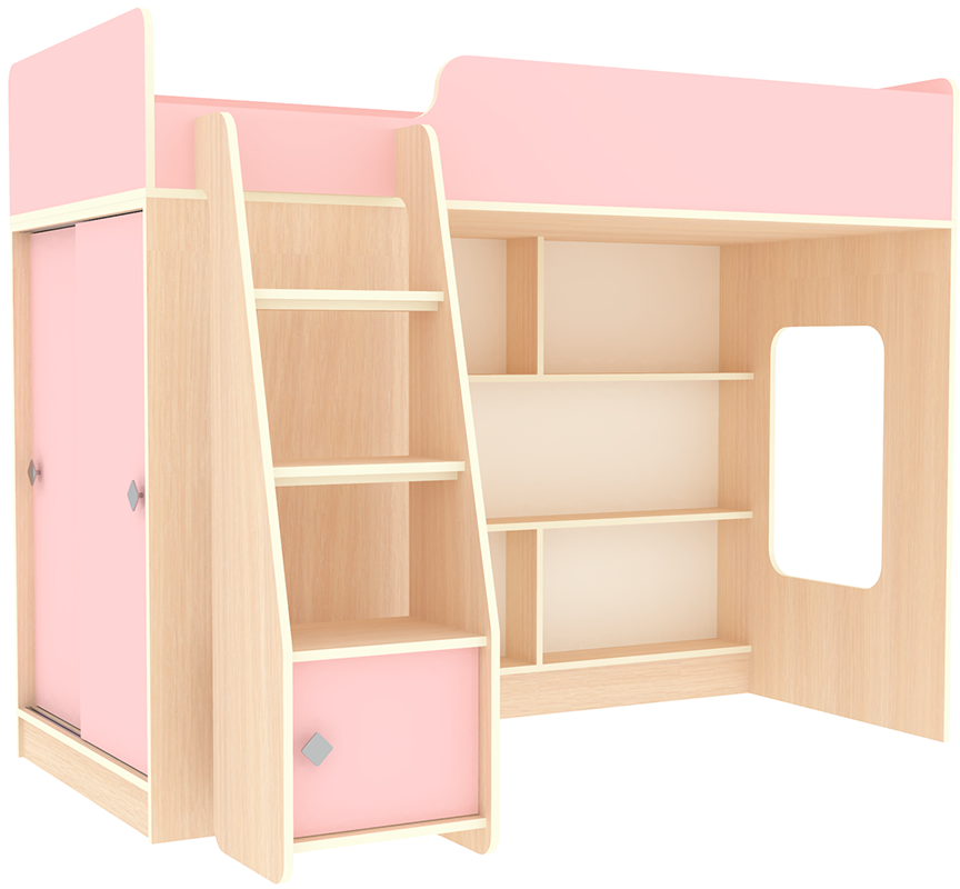 Кровать чердак Л 42.5.1 со шкафом-купе Дуб Молочный Розовый