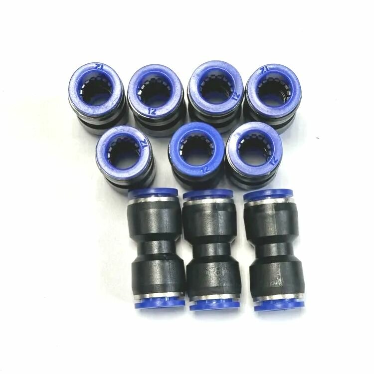 Фитинг пневматический прямой 12 мм, 10 штук / PUC, цанговый быстросъемный, пластик