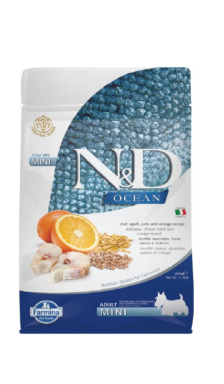 Корм сухой Farmina ND Ocean Dog Codfish Spelt Oats Orange Adult MINI для взрослых собак мелких пород треска спельта овес и апельсин 800г