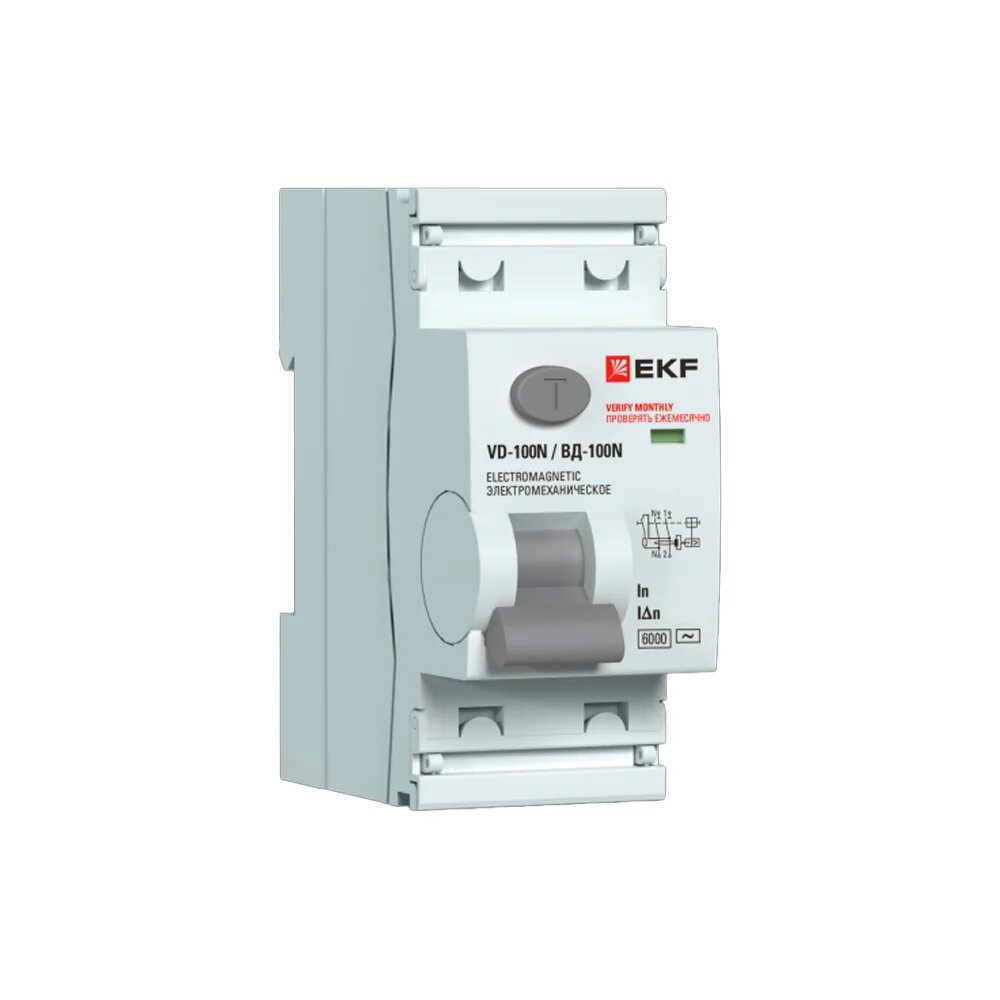 Выключатель дифференциального тока EKF ВД-100N 2P, 63А, 30мА, тип AC, электромеханический, 6кА PROXIMA E1026M6330