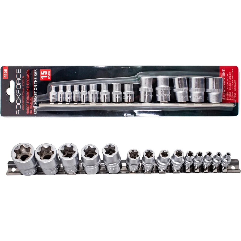 Набор торцевых головок 1/2"&1/4"&3/8"DR звездочка E4-24 14 предметов Rockforce RF-4158(11711)