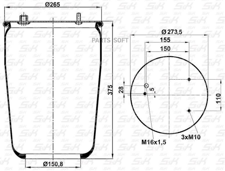 SK836P01 S&K Пневморессора без поршня [Верх: 1*M16, 3*M10]